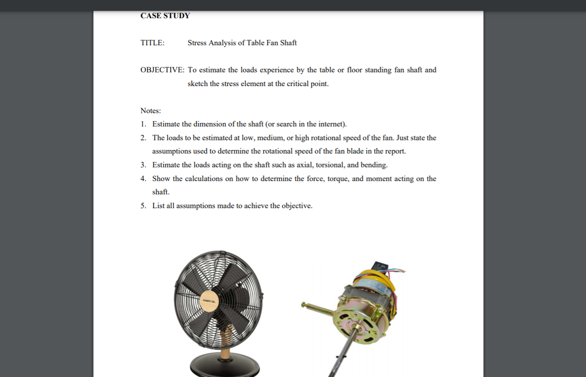 Solved CASE STUDY TITLE: Stress Analysis of Table Fan Shaft | Chegg.com