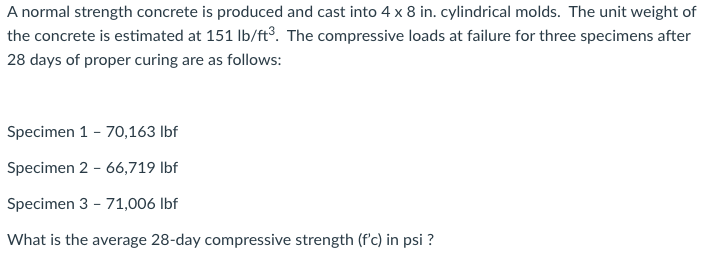 Solved A normal strength concrete is produced and cast into | Chegg.com