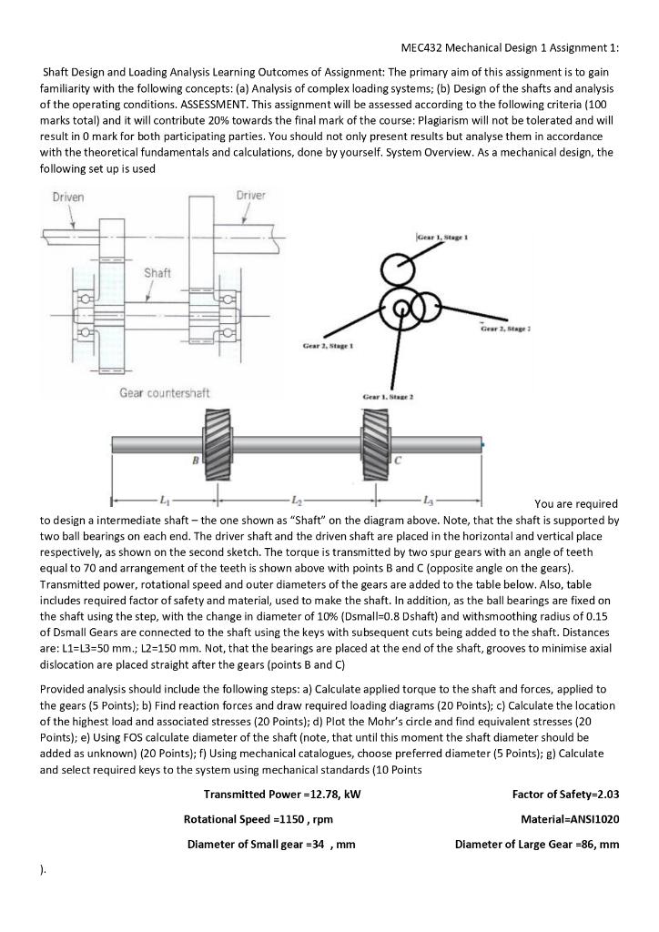 MEC432 Mechanical Design 1 Assignment 1: Shaft Design | Chegg.com
