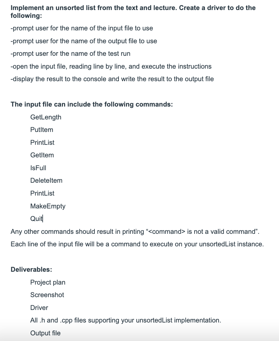 Solved Implement an unsorted list from the text and lecture. | Chegg.com