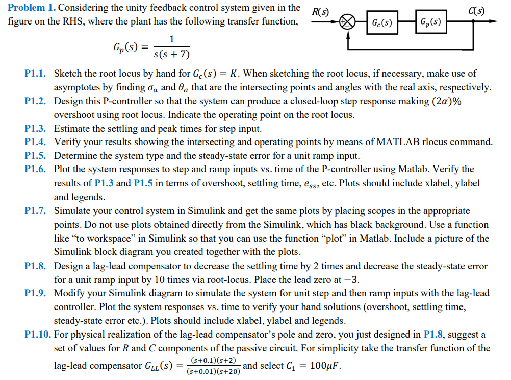 Solved Problem 1. Considering the unity feedback control | Chegg.com