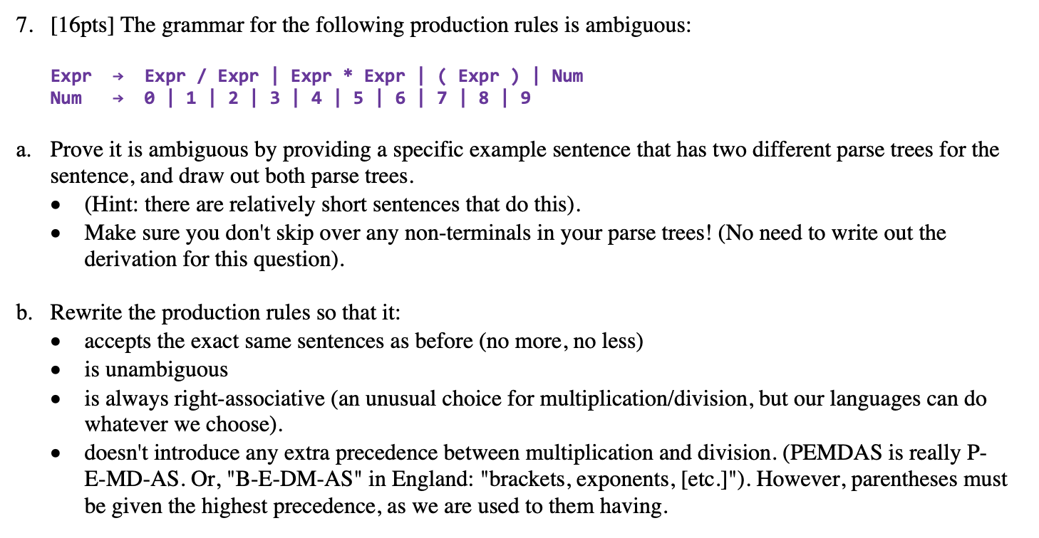 Solved 7. [16pts] The grammar for the following production | Chegg.com