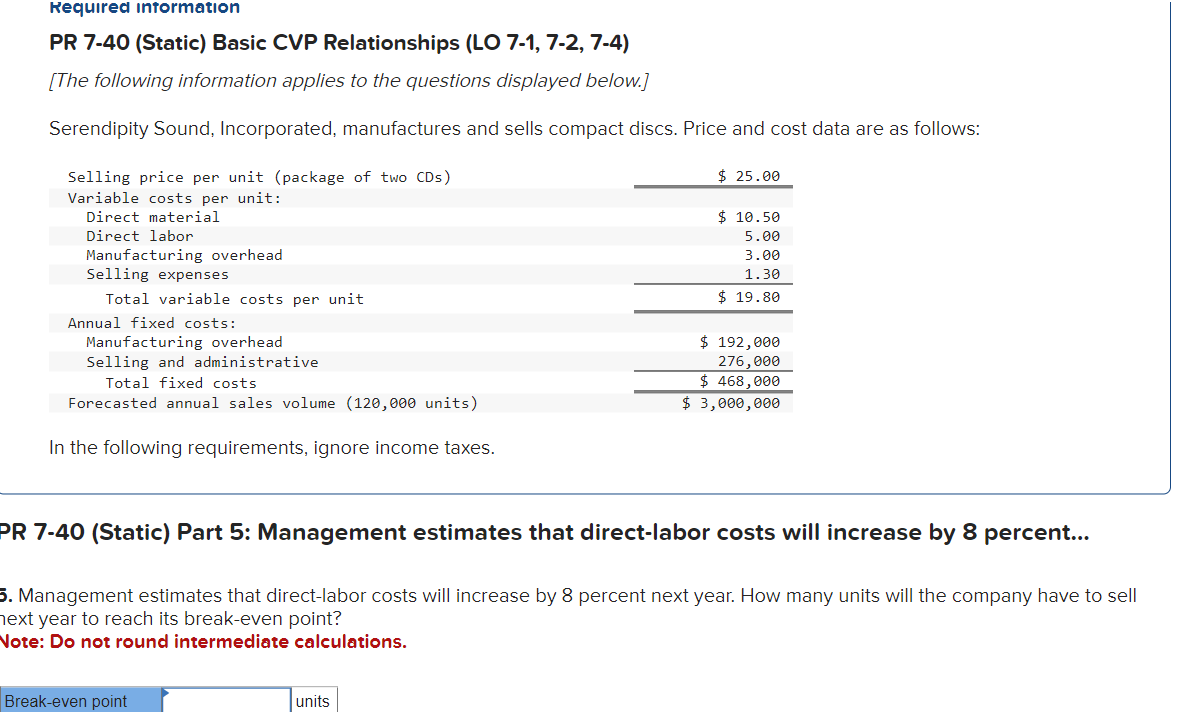 Solved PR 7-40 (Static) Basic CVP Relationships (LO 7-1, | Chegg.com