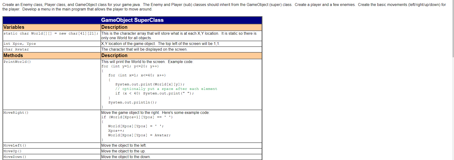 Create an Enemy class, Player class, and GameObject | Chegg.com