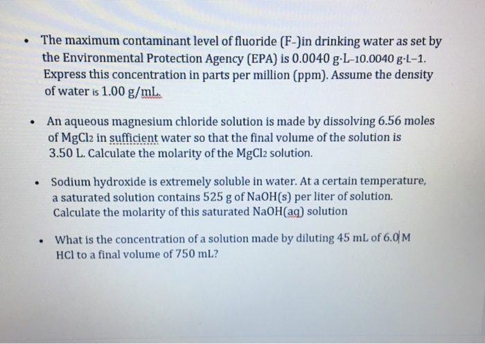 Solved The maximum contaminant level of fluoride (F-)in | Chegg.com