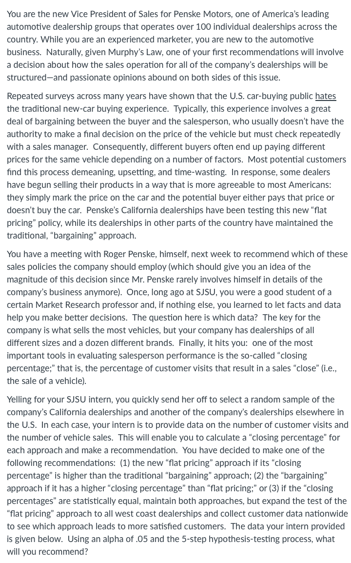 Solved You are the new Vice President of Sales for Penske | Chegg.com