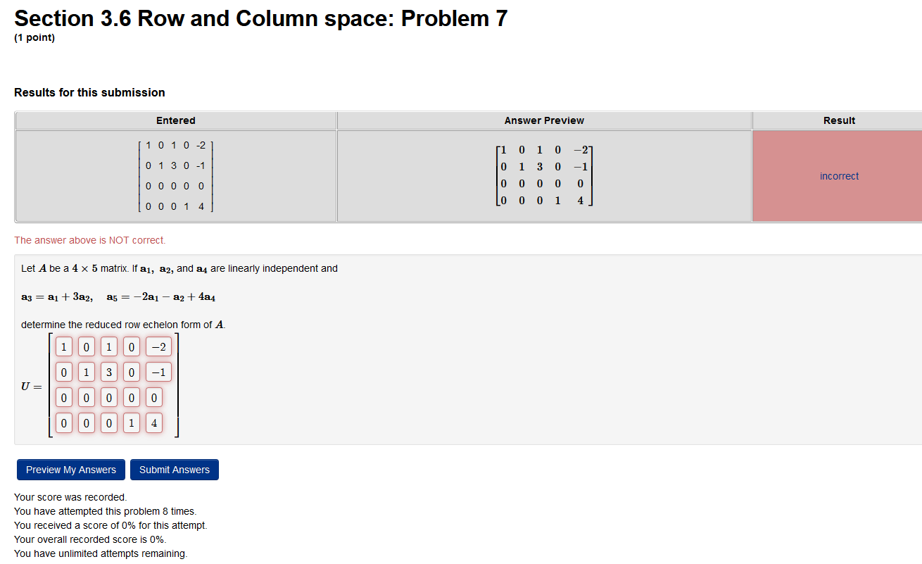 Solved Section 3.6 Row and Column space: Problem 7 (1 point) | Chegg.com