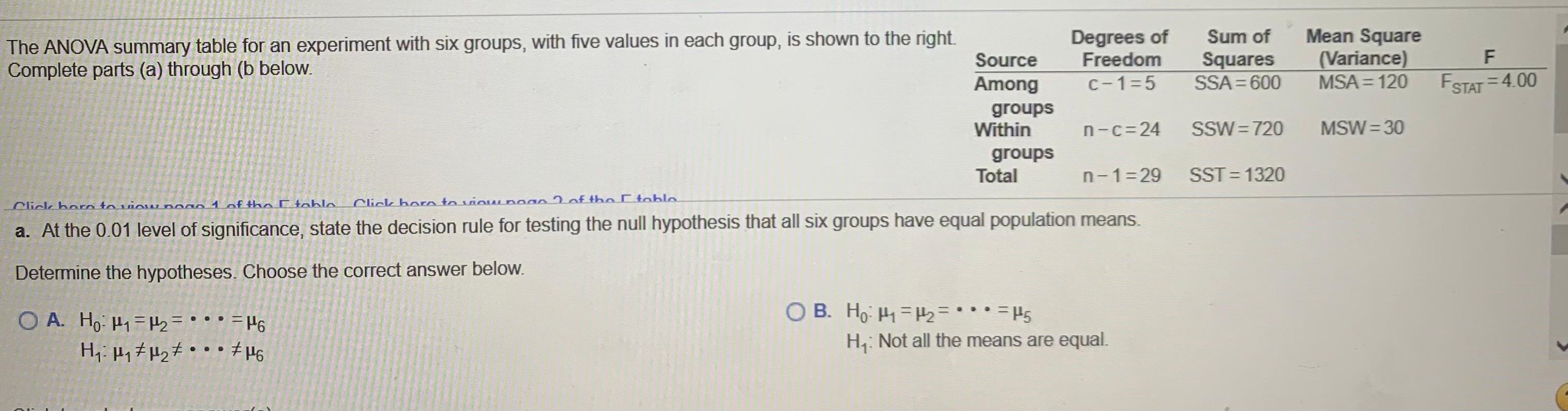 Solved The ANOVA summary table for an experiment with six | Chegg.com