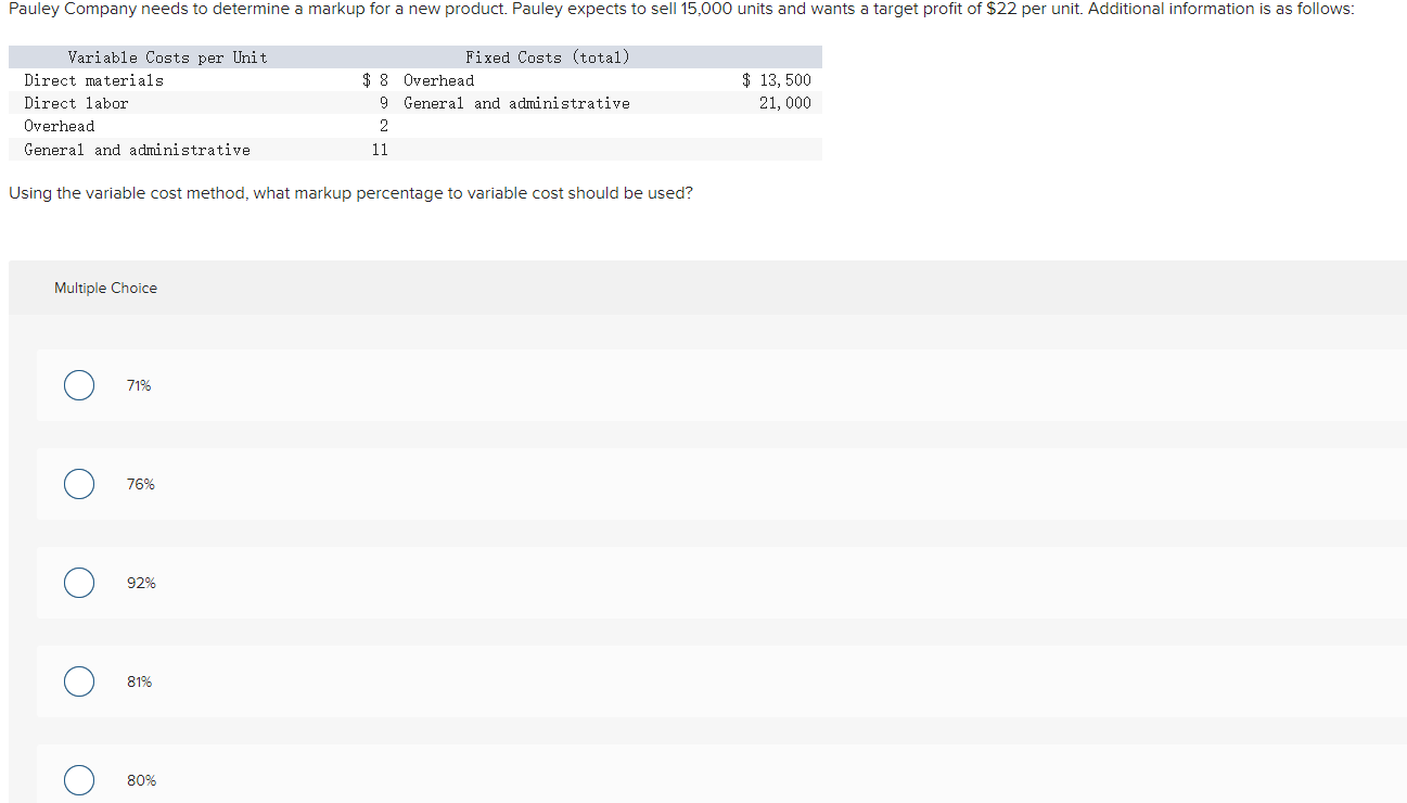 Solved Using The Variable Cost Method What Markup 5315