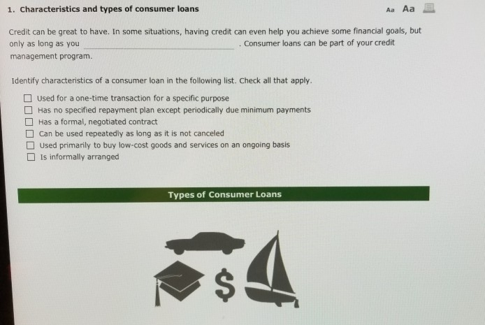 Solved 1. Characteristics and types of consumer loans Aa Aa | Chegg.com