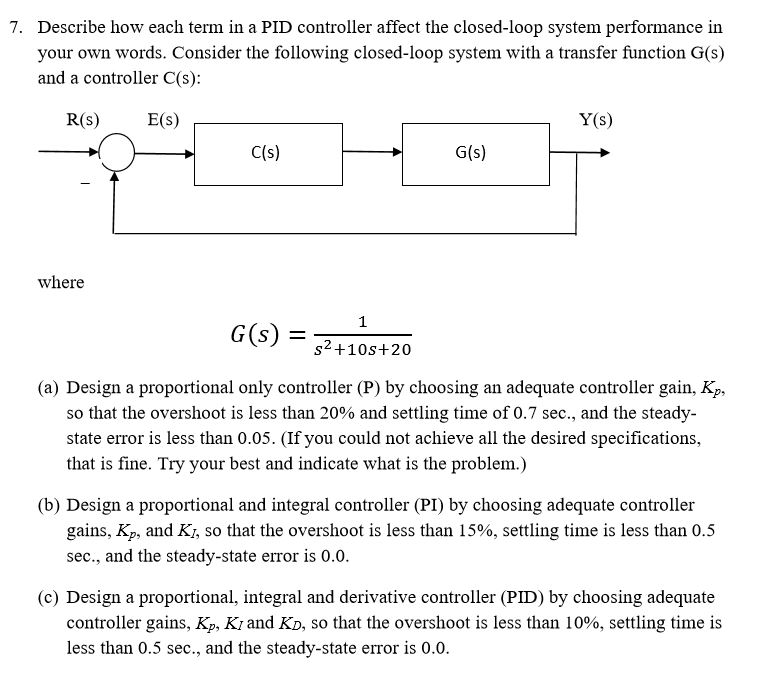 Solved 7. Describe how each term in a PID controller affect | Chegg.com