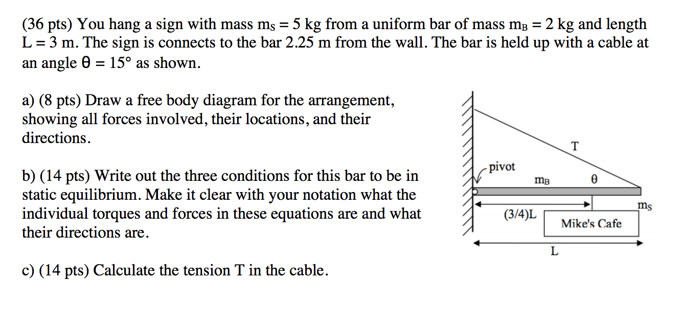 Solved (36 pts) You hang a sign with mass ms = 5 kg from a | Chegg.com