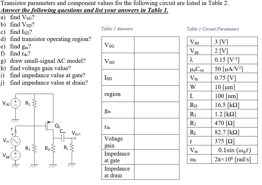 Solved VSG Vad Vgg Vth Transistor parameters and component | Chegg.com