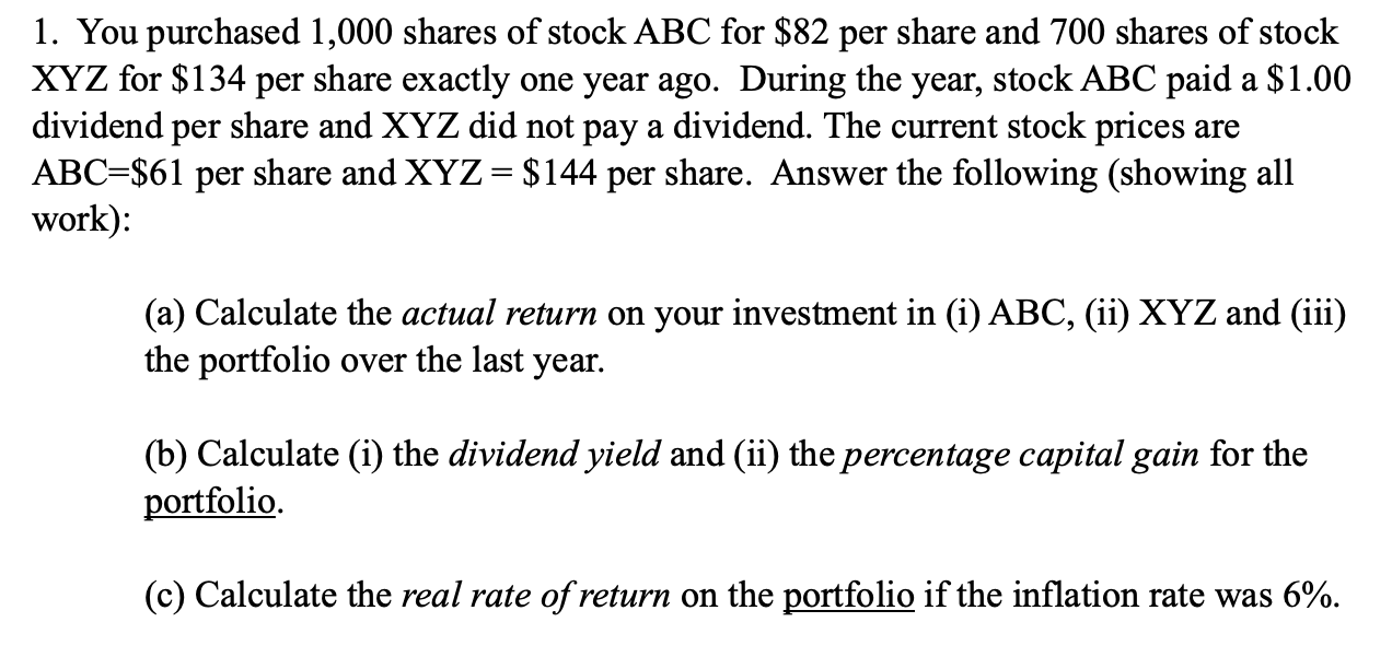 1. You purchased 1,000 shares of stock ABC for $82 | Chegg.com