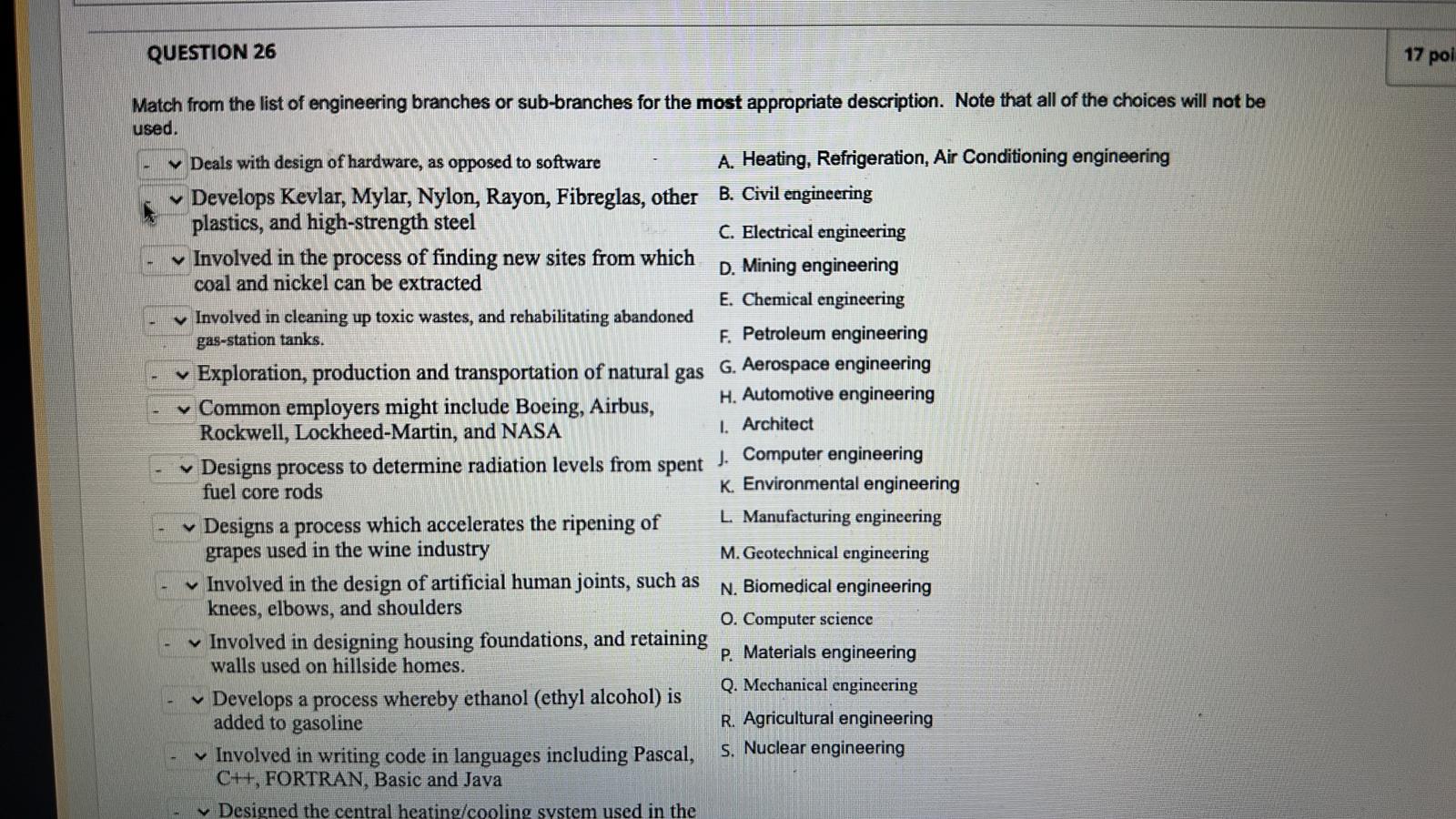 Match from the list of engineering branches or | Chegg.com