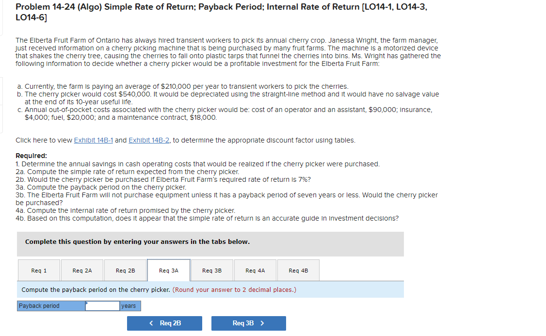 Solved Problem 14-24 (Algo) Simple Rate of Return; Payback | Chegg.com