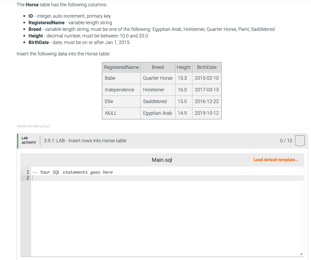 Solved The Horse table has the following columns: - ID - | Chegg.com