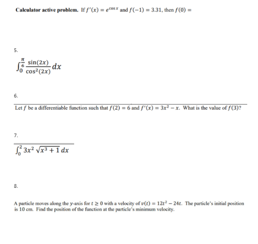 Solved Calculator active problem. If f'(x) = ecosx and f(-1) | Chegg.com