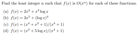 Solved Find the least integer n such that f(x) is O(xn) for | Chegg.com