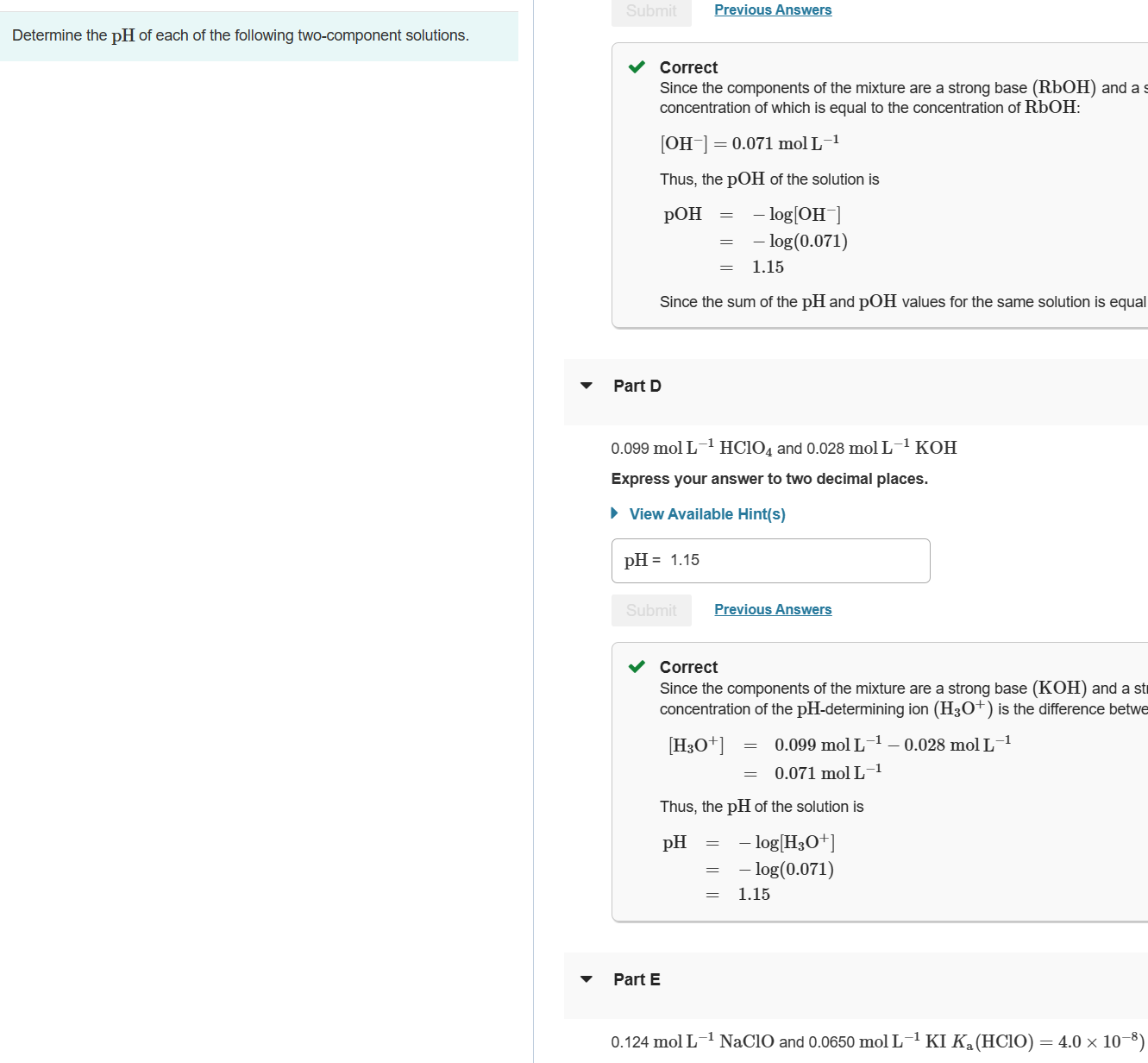Solved Determine the pH of each of the following | Chegg.com