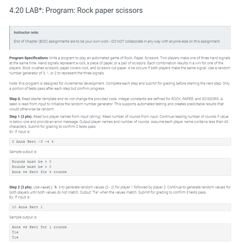 Solved 4.20 LAB*: Program: Rock paper scissors Instructor | Chegg.com