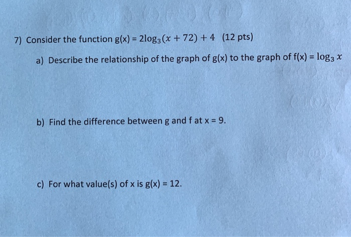 Solved 7) Consider the function g(x) -2log3 (x + 72) +4 (12 | Chegg.com