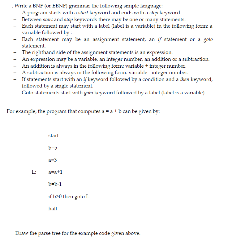 Solved .Write a BNF (or EBNF) grammar the following simple | Chegg.com