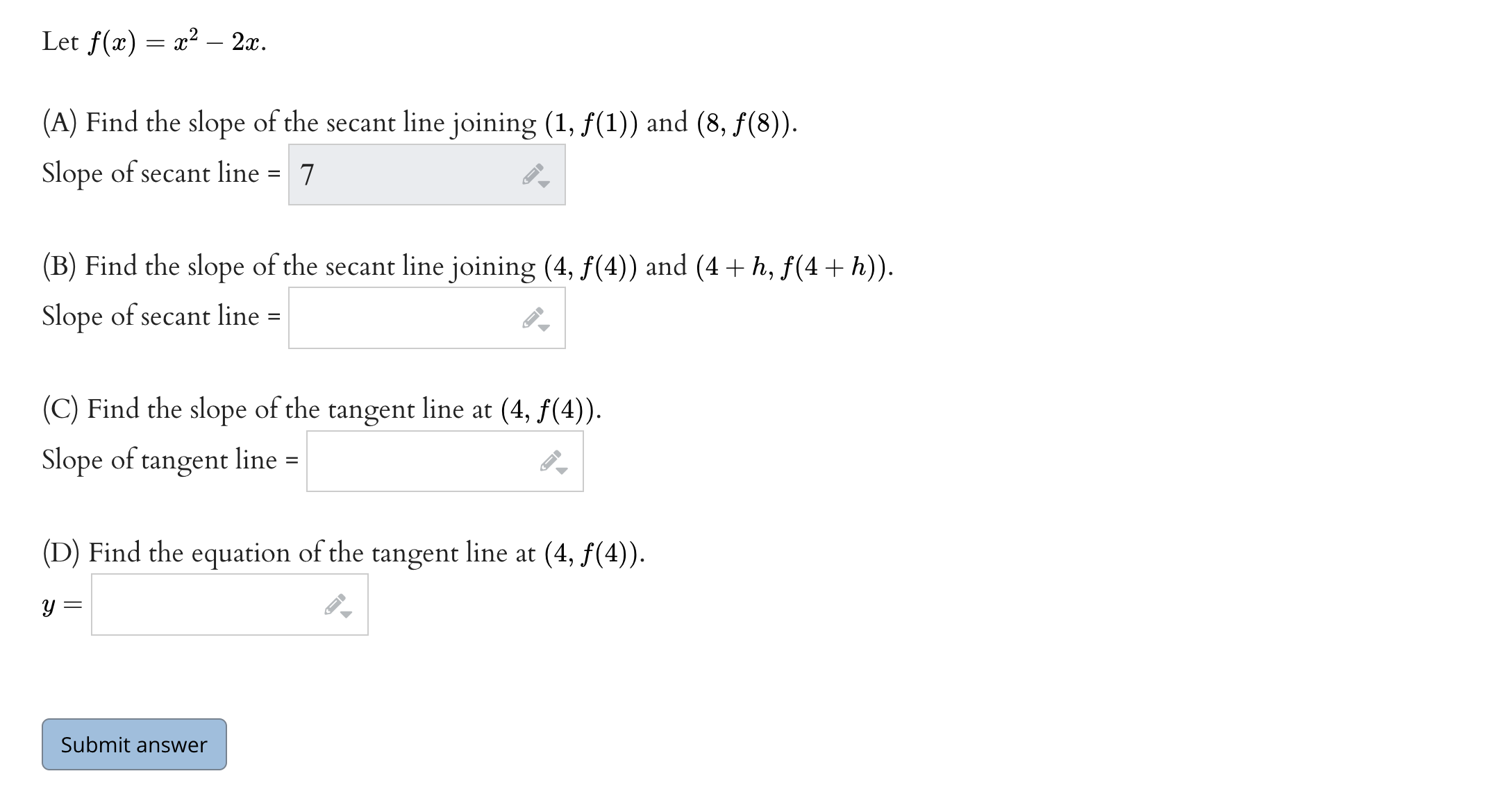Solved Let f(x)=x2−2x. (A) Find the slope of the secant line | Chegg.com