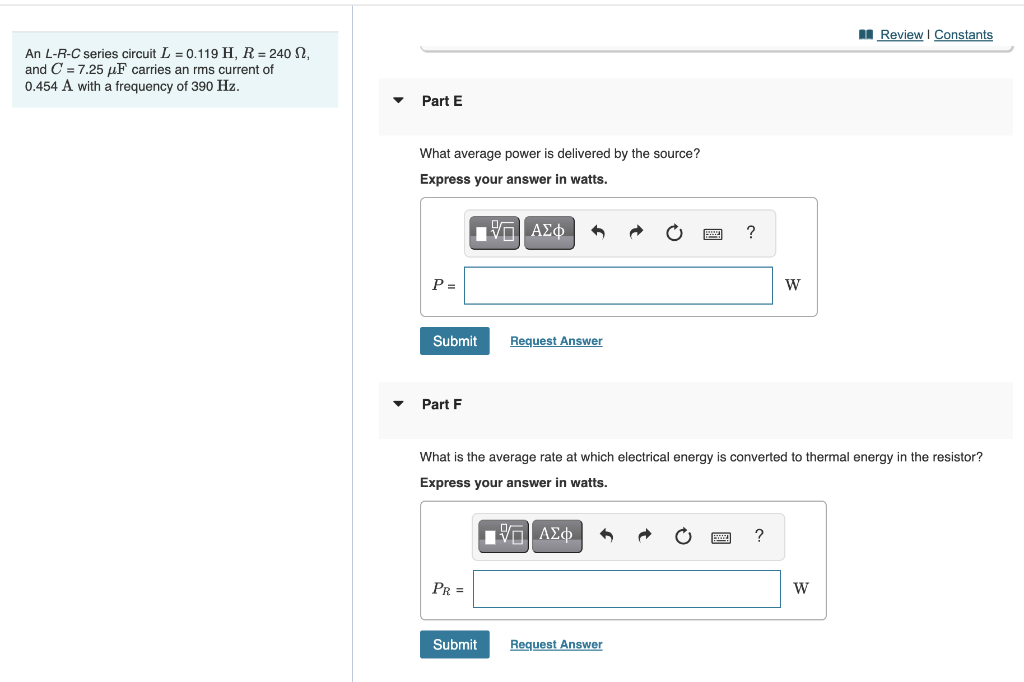 Solved Review Constants An L-R-C series circuit L = 0.119 H, | Chegg.com