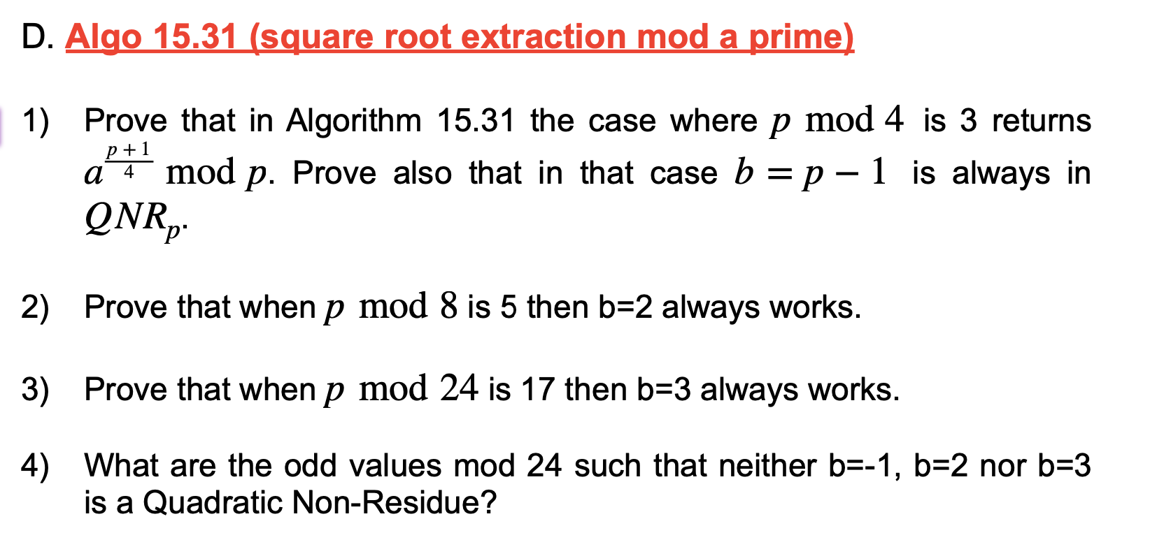 D. Algo 15.31 (square root extraction mod a prime) 1) | Chegg.com