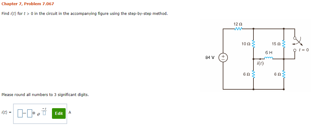 Solved Chapter 7, Problem 7.067 Find i(t) for t> 0 in the | Chegg.com