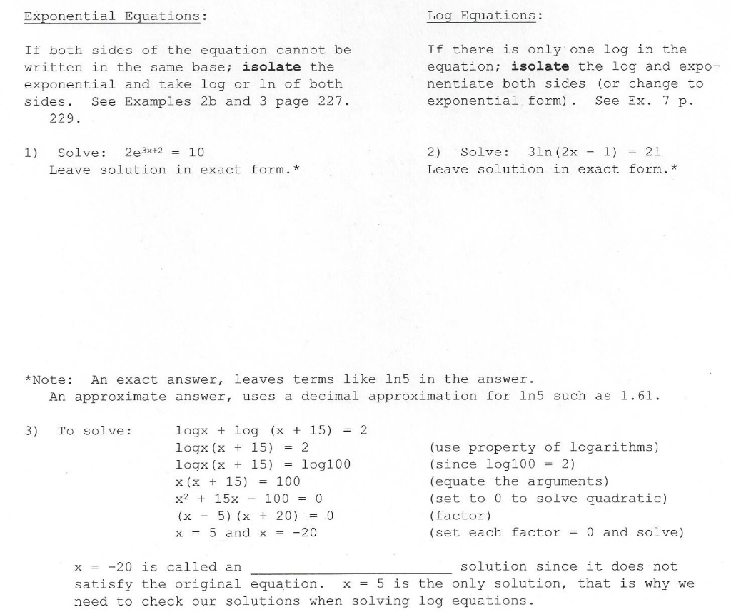Solved Exponential Equations: Log Equations: If both sides | Chegg.com