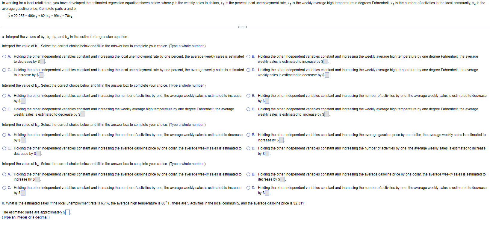 Solved y^=22,267−400x1+821x2−99x3−70x4 a. Interpret the | Chegg.com