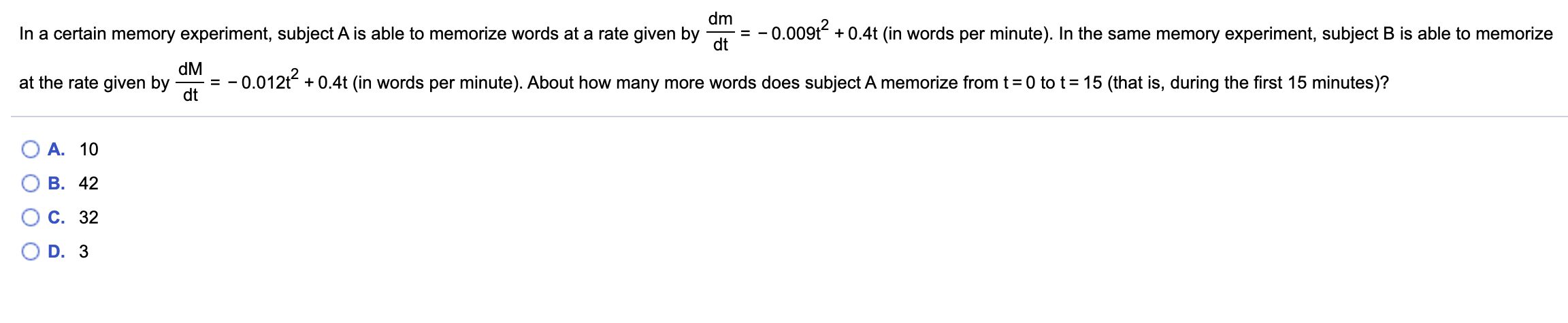 Solved dt dm In a certain memory experiment, subject A is | Chegg.com