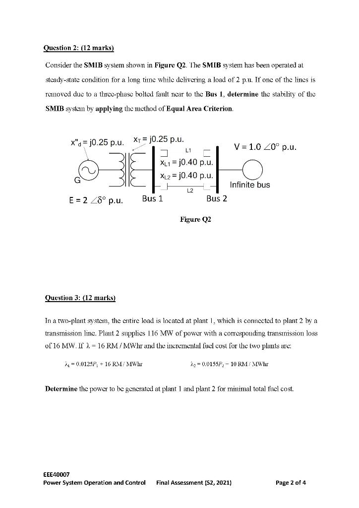 Solved Question 2: (12 marks) Consider the SMIB system shown | Chegg.com