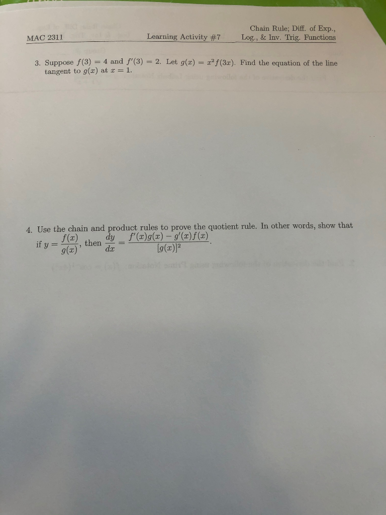 Solved Chain Rule; Diff. of Exp., Log., & Inv. Trig. | Chegg.com