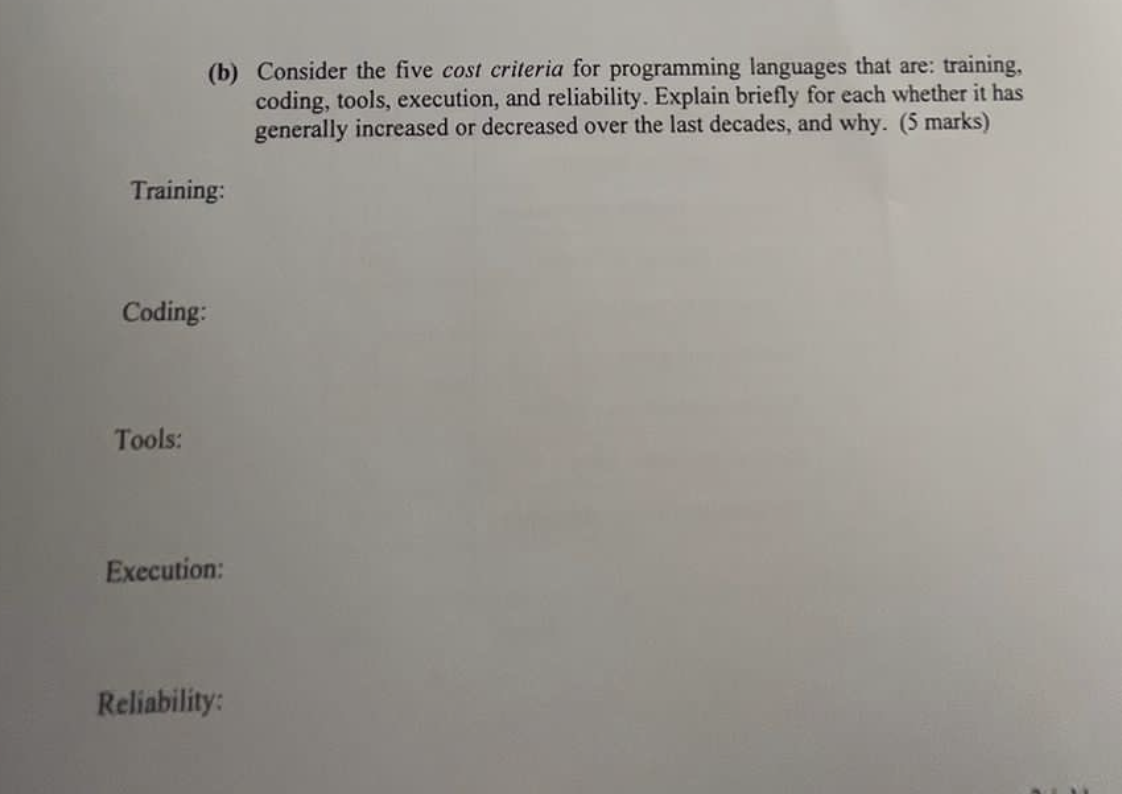 Solved (b) ﻿Consider the five cost criteria for programming | Chegg.com