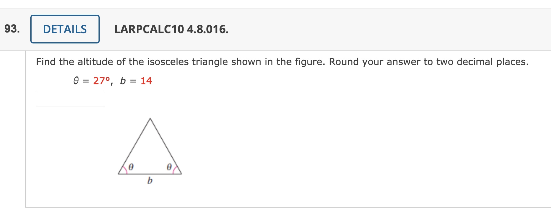 Solved Find the altitude of the isosceles triangle shown in | Chegg.com