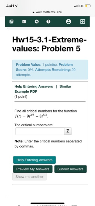 Solved 4:41 LTE ww3.math.msu.edu Hw15-3.1-Extreme- values: | Chegg.com