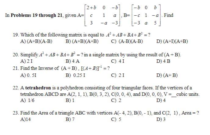 Solved [2+b In Problems 19 through 21. given A= C 3 0-57 1 a | Chegg.com