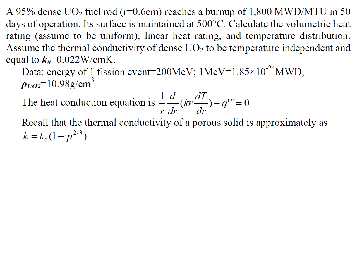 Solved A 95% dense UO2 fuel rod (r=0.6cm) reaches a burnup | Chegg.com