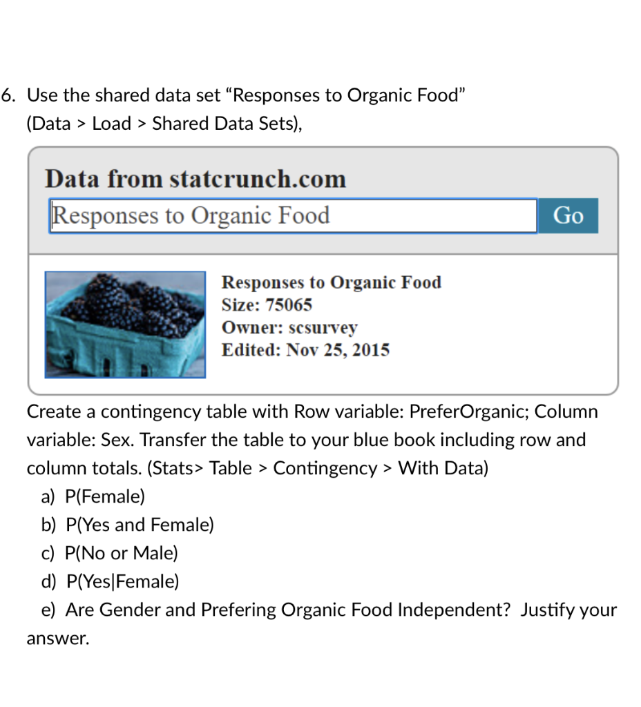 Use the shared data set "Responses to Organic Food" | Chegg.com