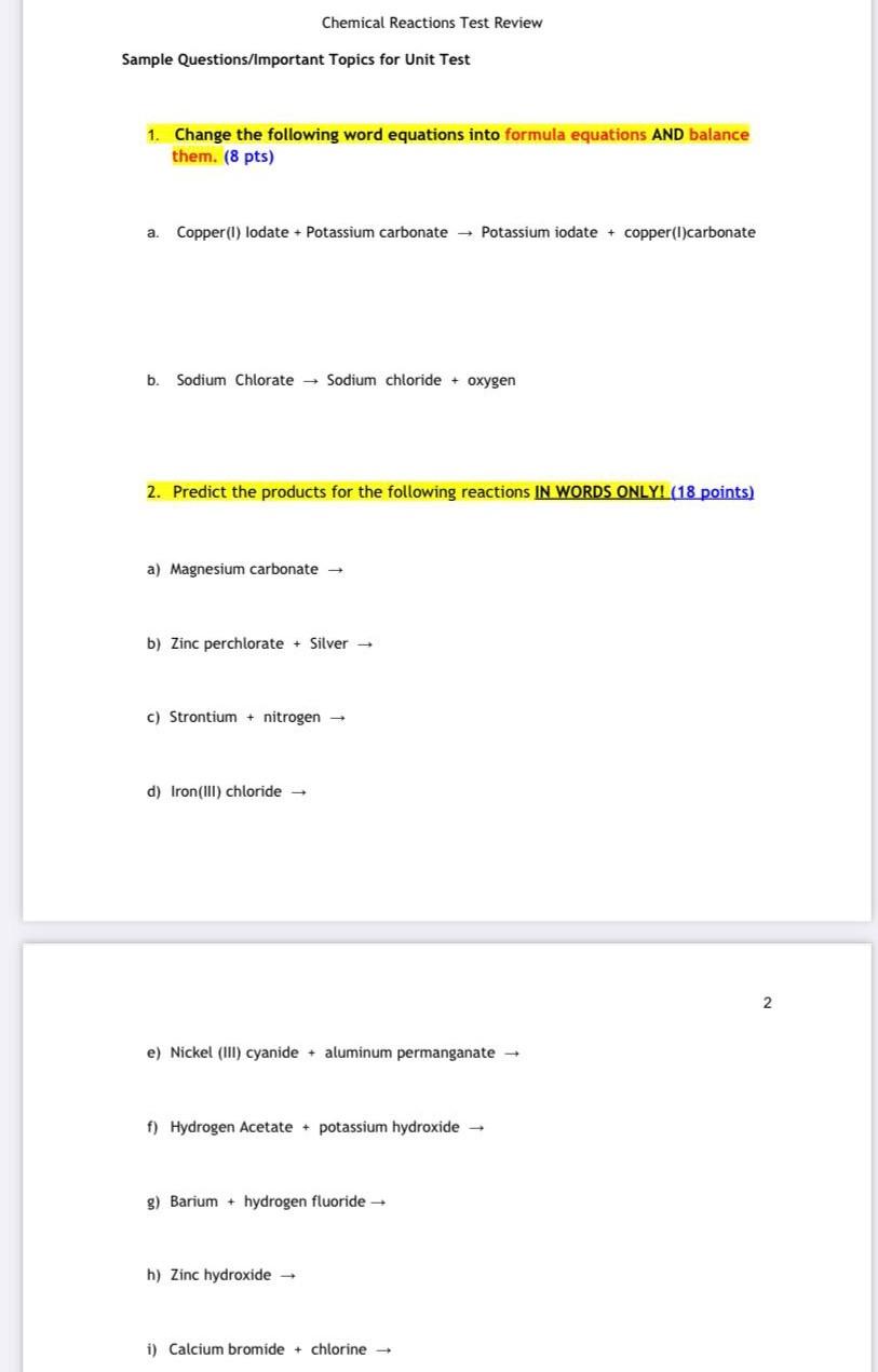 Solved Chemical Reactions Test Review Sample | Chegg.com