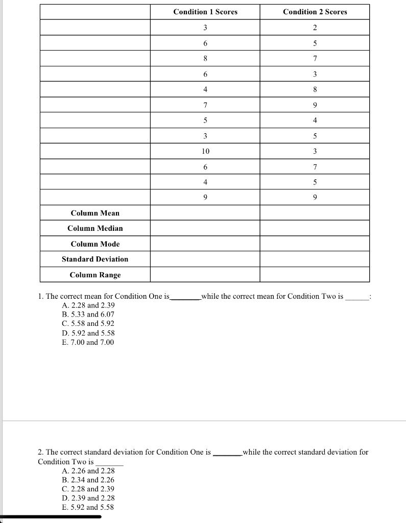 Solved 1. The correct mean for Condition One is while the | Chegg.com