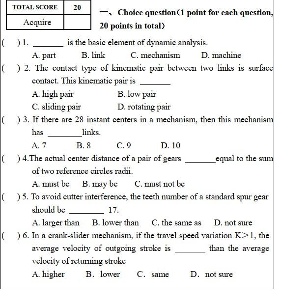 Solved TOTAL SCORE 20 Choice question (1 point for each | Chegg.com