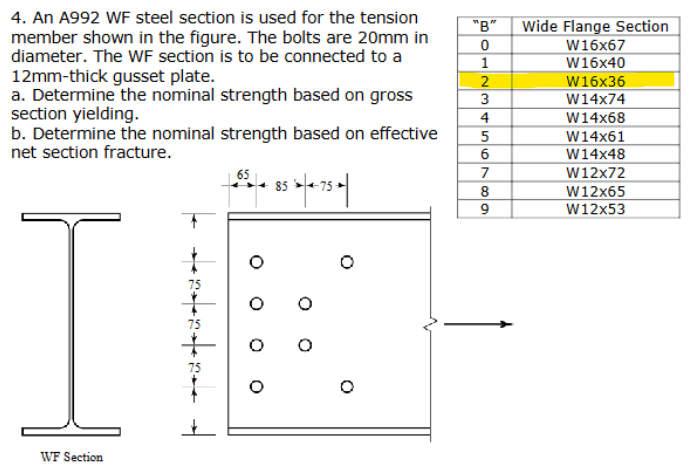 Solved 4. ﻿An A992 ﻿WF steel section is used for the tension | Chegg.com