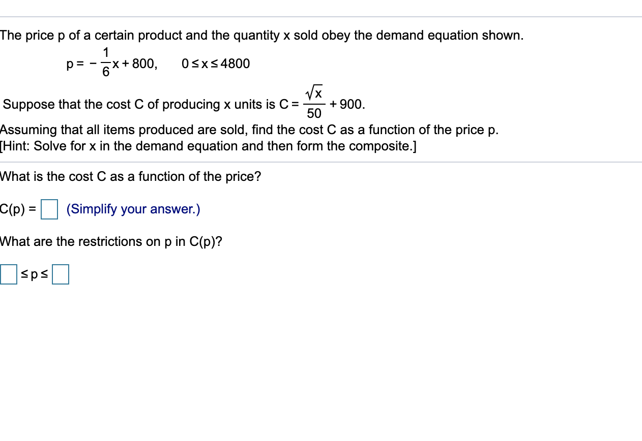 Solved The price p of a certain product and the quantity x | Chegg.com