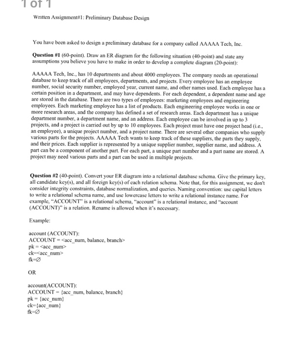 Solved lof Written Assignment#1 : Preliminary Database | Chegg.com