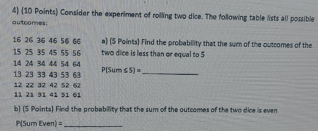 Solved 4) (10 Points) Consider the experiment of rolling two | Chegg.com
