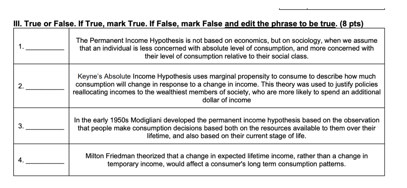 Solved III. True or False. If True, mark True. If False, | Chegg.com